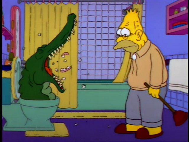 We flushed the gator down the toilet, but it got stuck halfway and now ...