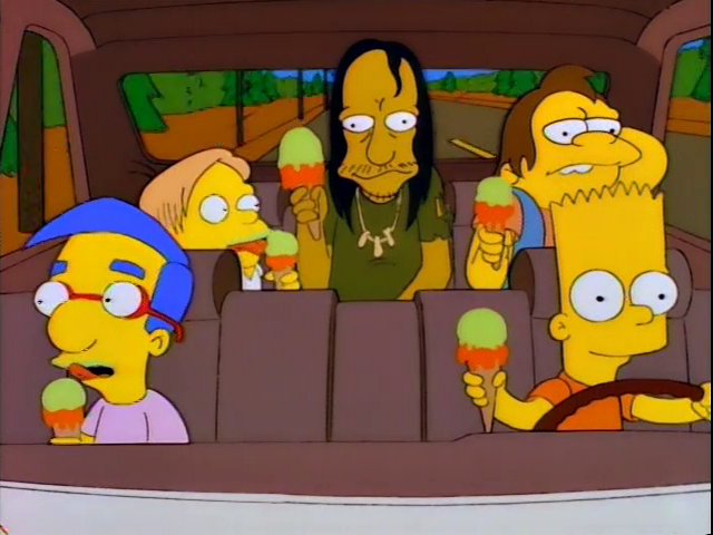 Millhouse: Bart, can we pickup that hitchhiker? Bart: I don't see why ...
