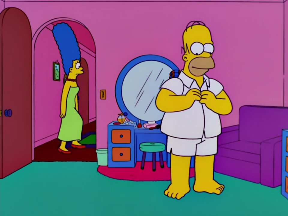 Frinkiac - S13E04 - Windowsill. Oh, you! Hmm? No underpants? Homer...